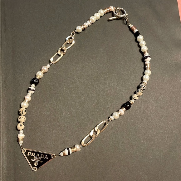 Jewelry | 21 Prada Tag Necklace Black And White Bead Detail With Gold ...